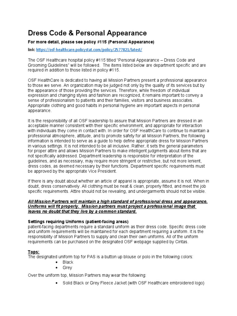 Dress Code & Personal Appearance: For More Detail, Please See Policy ...