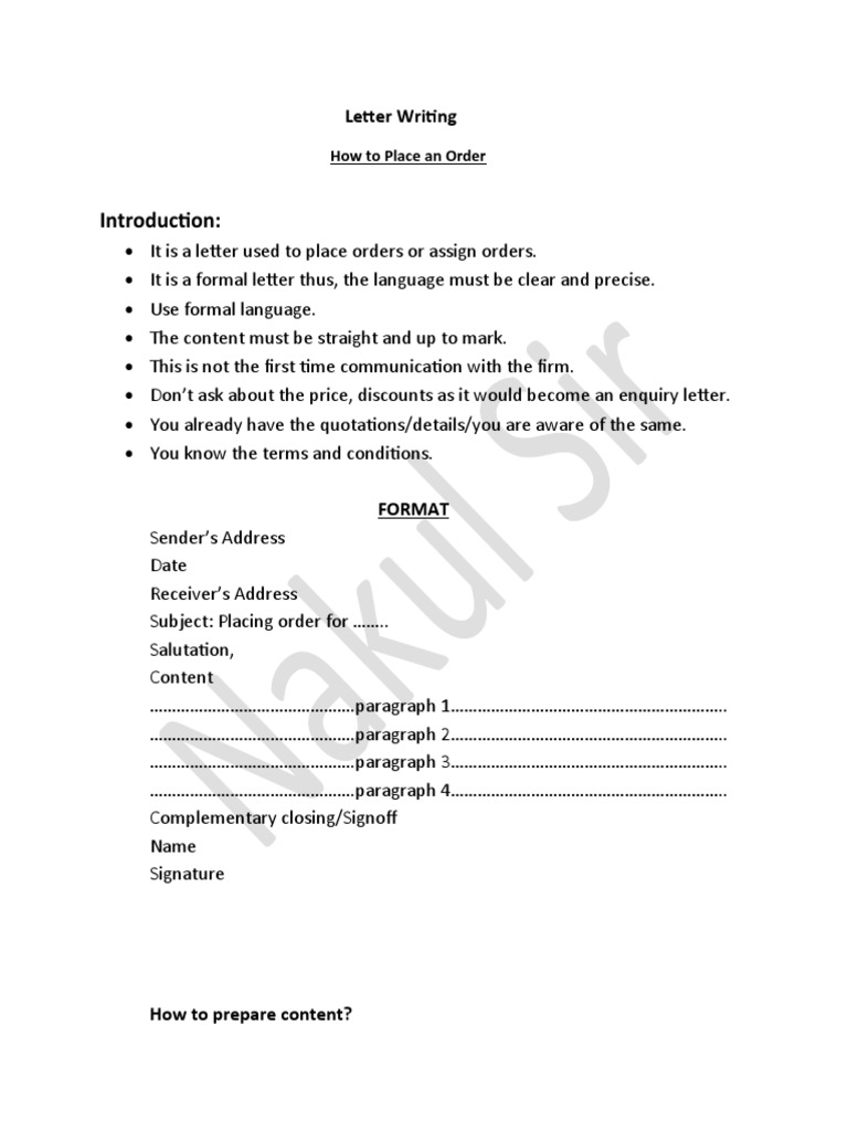 Order Placing Letter | PDF | Communication | Business