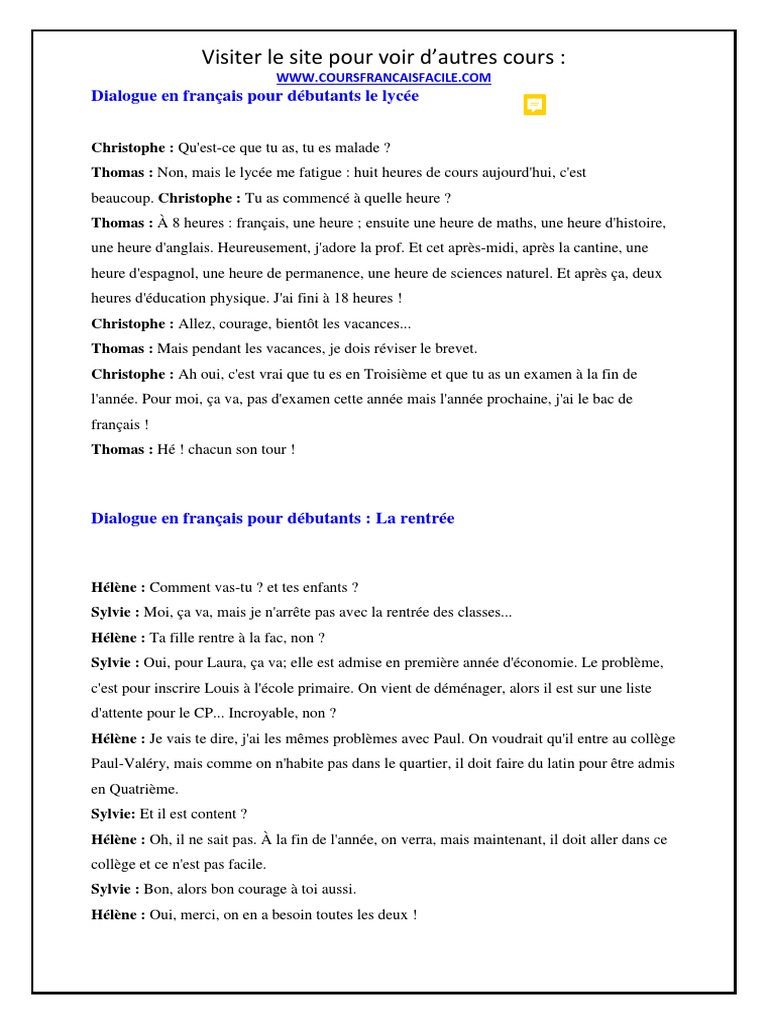 Dialogues Français pour Débutants | PDF | Écoles élémentaires | Écoles