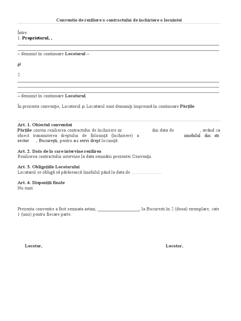 Conventie de Reziliere A Contractului de Inchiriere A Locuintei | PDF