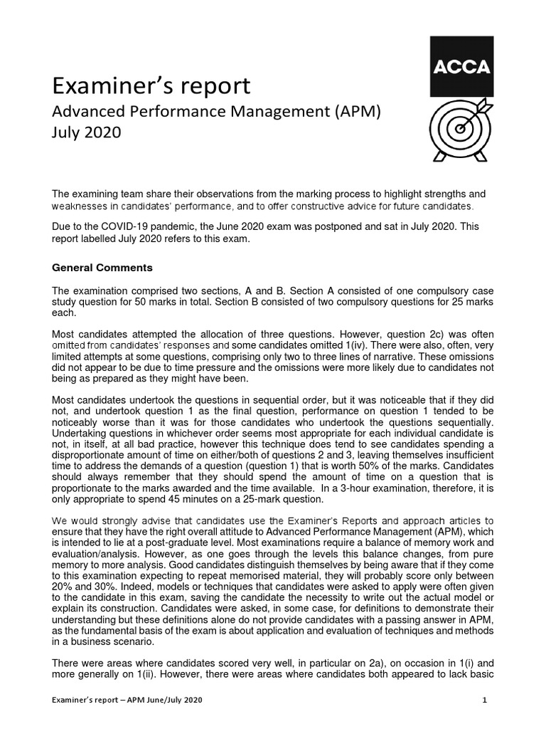 Examiner's Report: Advanced Performance Management (APM) July 2020 ...