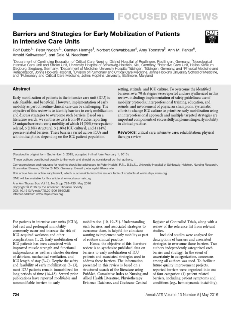 Focused Reviews: Barriers and Strategies For Early Mobilization of ...