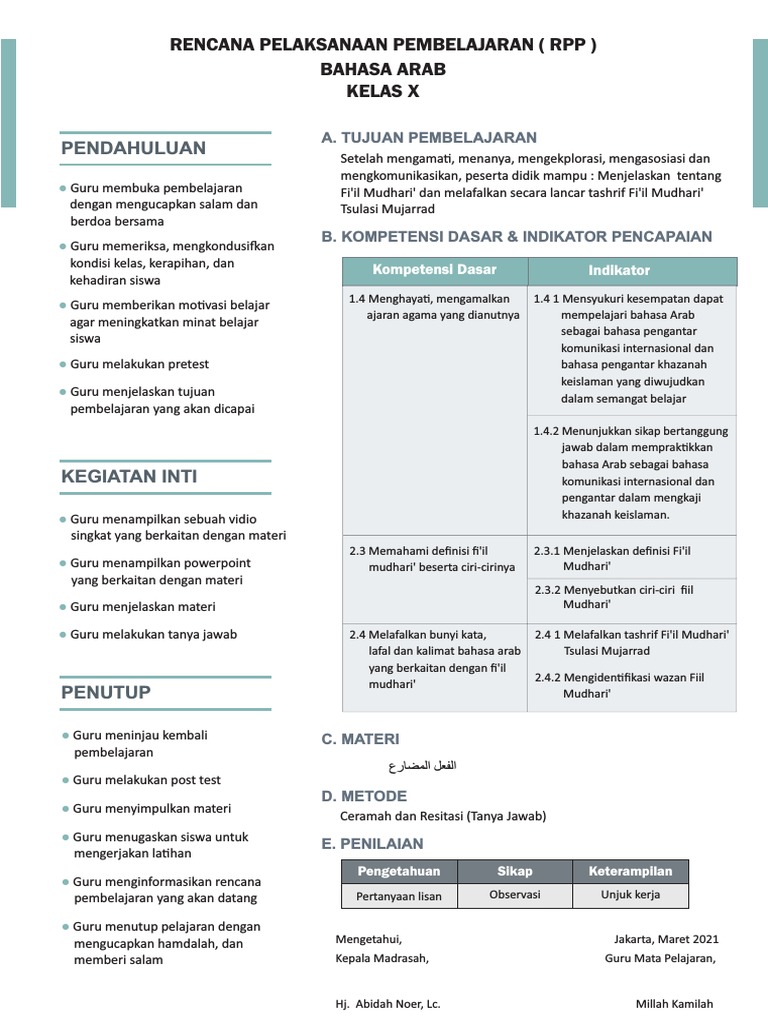 RPP Bahasa Arab Fiil Mudhore | PDF