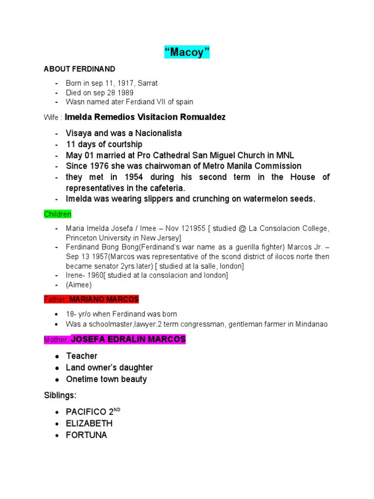 "Macoy": Imelda Remedios Visitacion Romualdez | PDF | Philippines ...