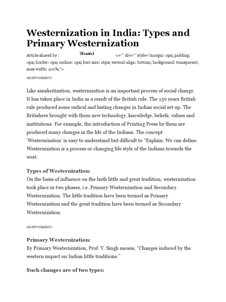 Westernization in India: Types and Primary Westernization | PDF