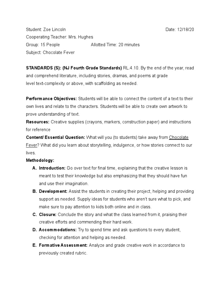 4 Chocolate Fever Lesson Plan | PDF