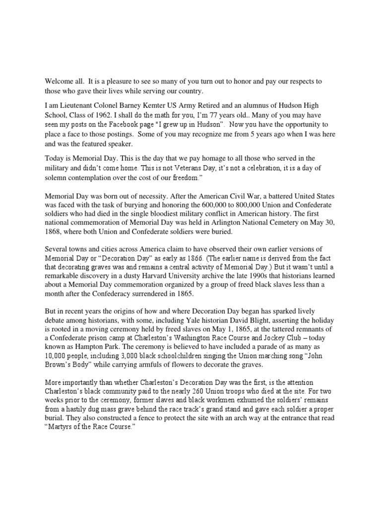 Full Text of Memorial Day Speech by Lt. Col. Barnard Kemter | PDF ...