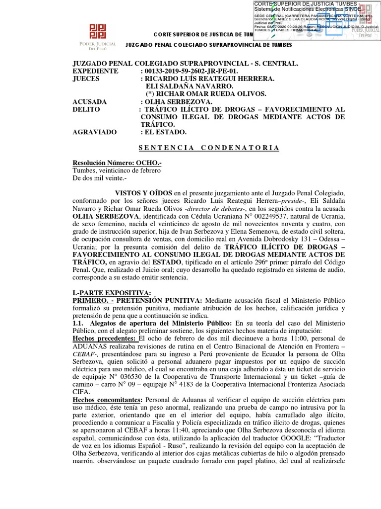 Exp. 00133-2019-59-2601-JR-PE-Z1 - SENTENCIA SERVEZOVA | PDF | Procedimiento Criminal | Derecho ...