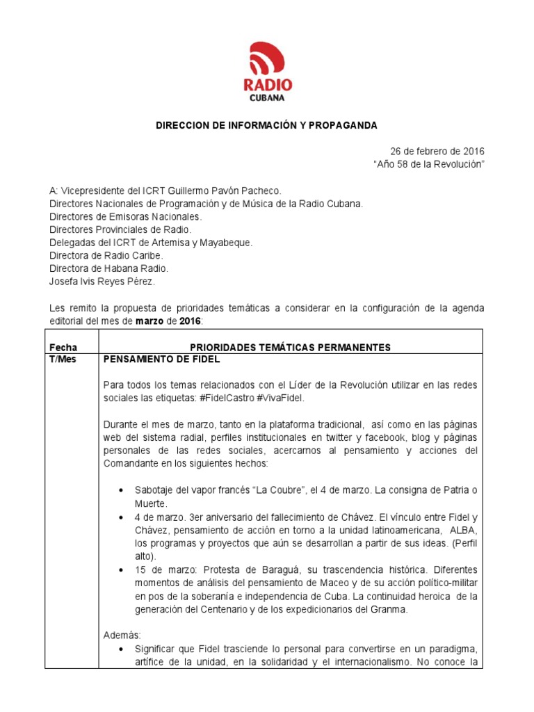 03 Plan Tematico Marzo 2016 | PDF | Cuba | Fidel Castro