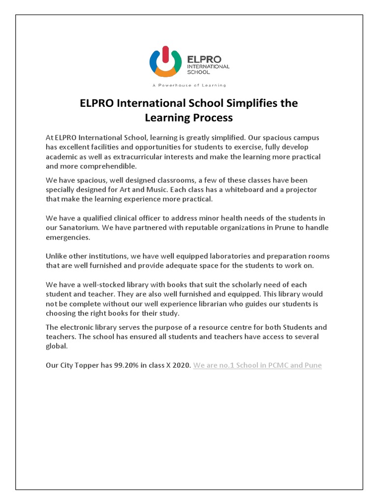 ELPRO International School Simplifies The Learning Process | PDF