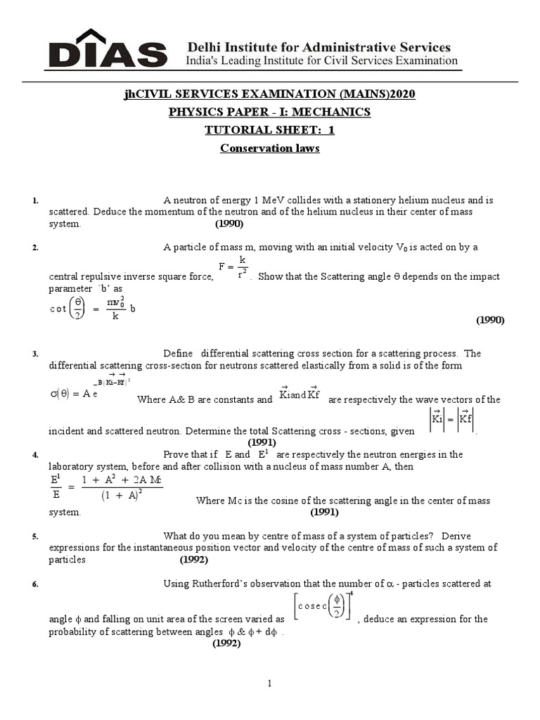 UPSC Physics Optional Tutorial Sheets Paper I | PDF | Rotation Around A ...