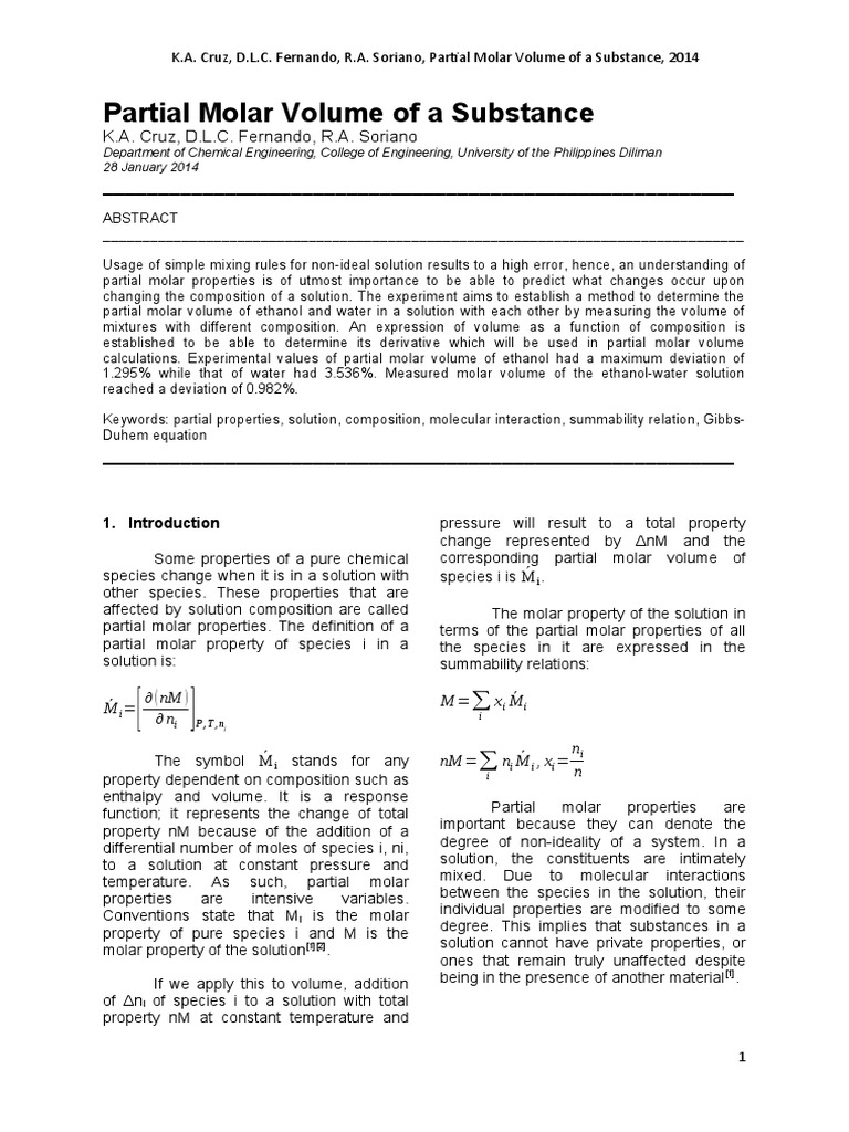 Formal Report On Partial Molar Volume Experiment | PDF | Mole (Unit ...