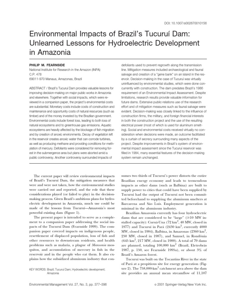 Environmental Impacts of Brazil's Tucuruı Dam: Unlearned Lessons For ...