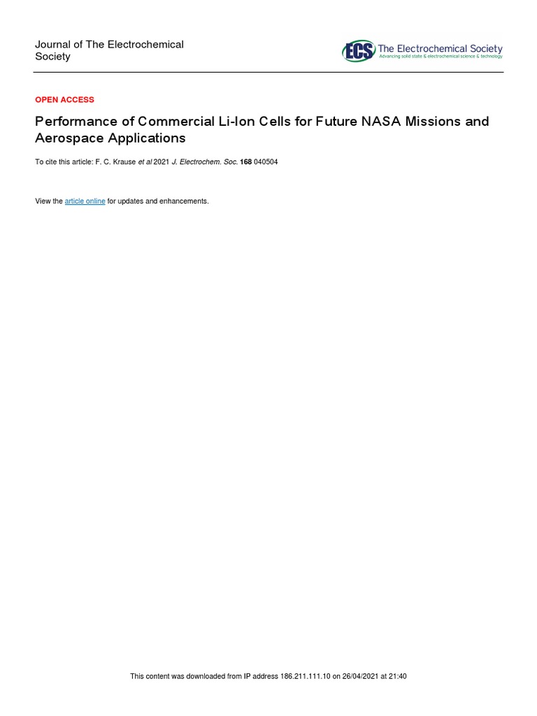2021 - Performance of Commercial Li-Ion Cells For Future NASA Missions ...