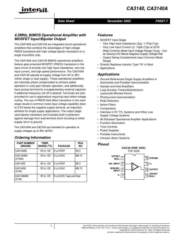 CA3140 DataSheet | PDF | Amplifier | Mosfet