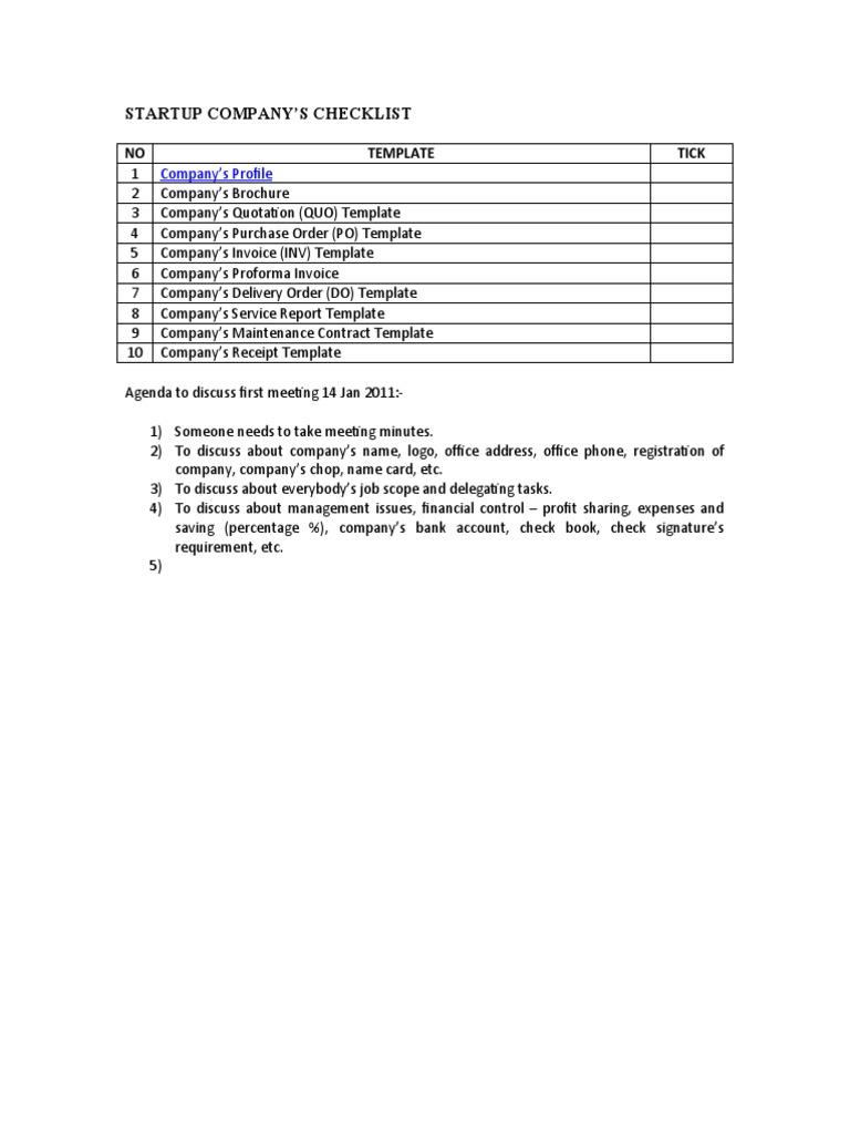 Startup Company Checklist Overview | PDF | Finance & Money Management