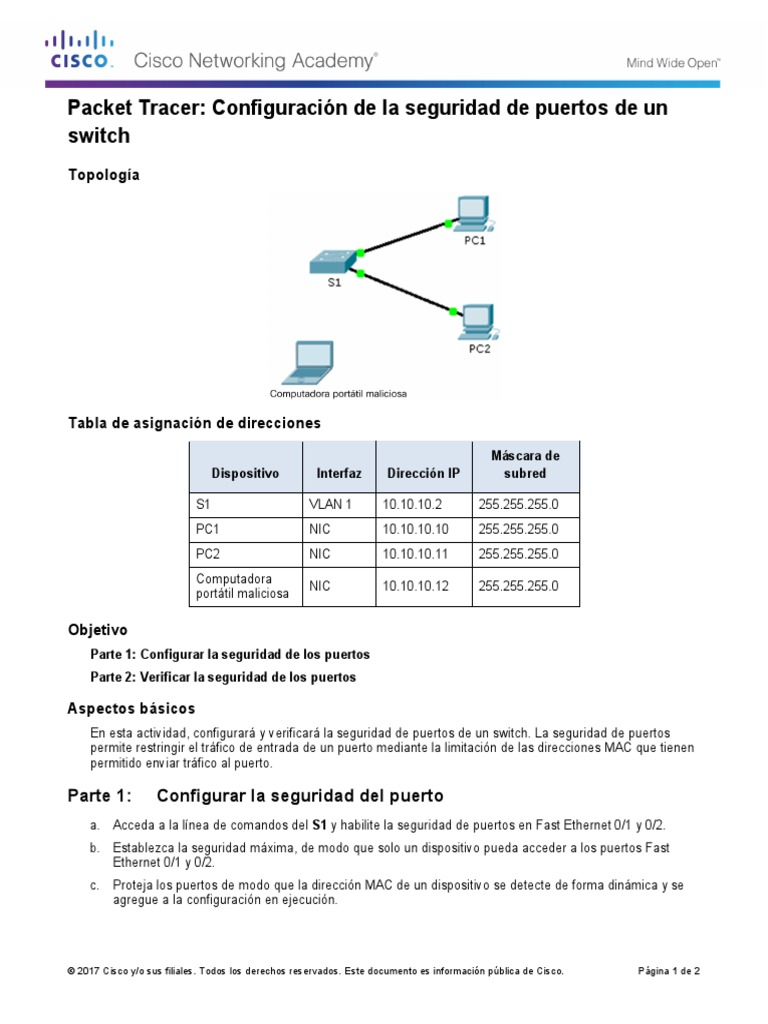 5.2.2.7 Packet Tracer - Configuring Switch Port Security Instructions - Resuelto | PDF ...
