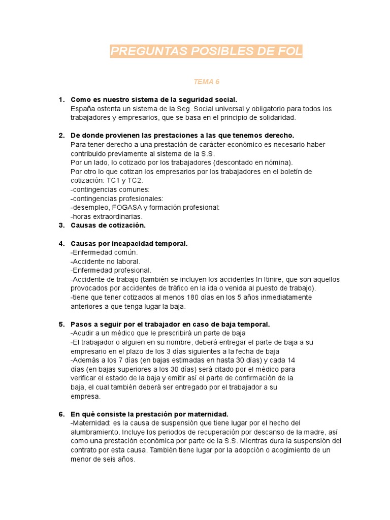 Preguntas Examen FOL | PDF | Bienestar | Desempleo