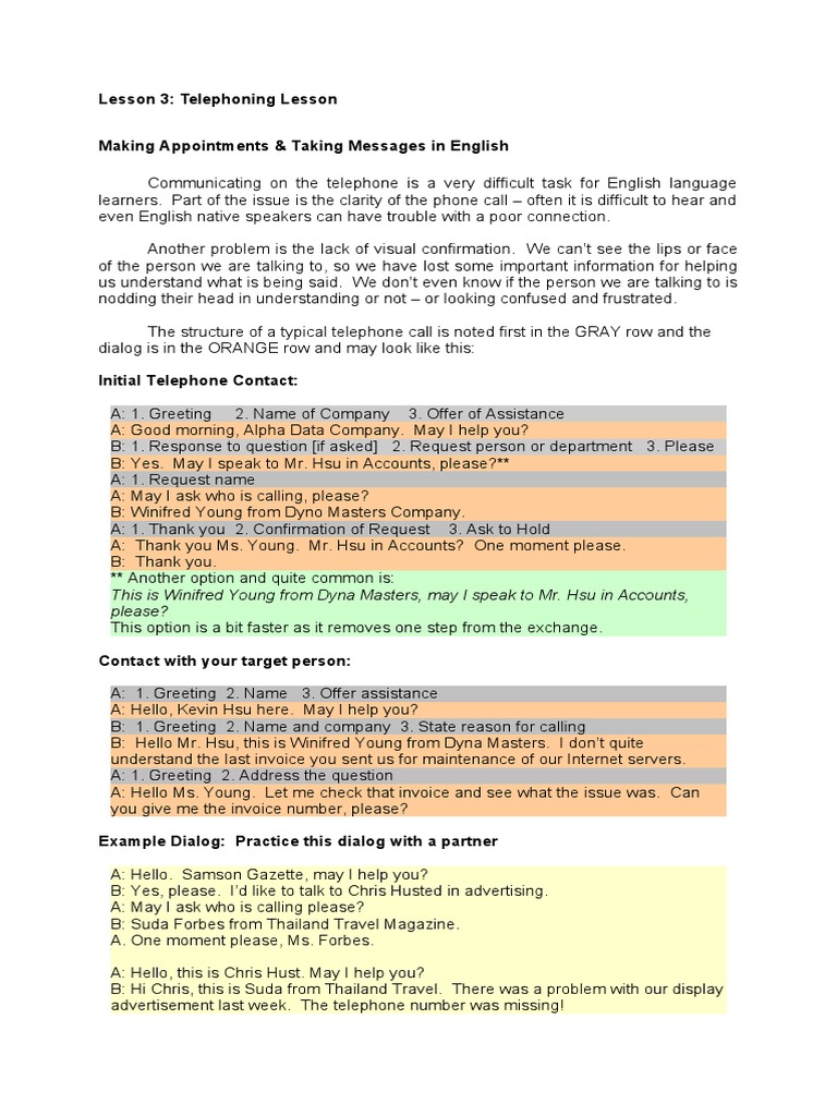 Lesson 3: Telephoning Lesson Making Appointments & Taking Messages in ...