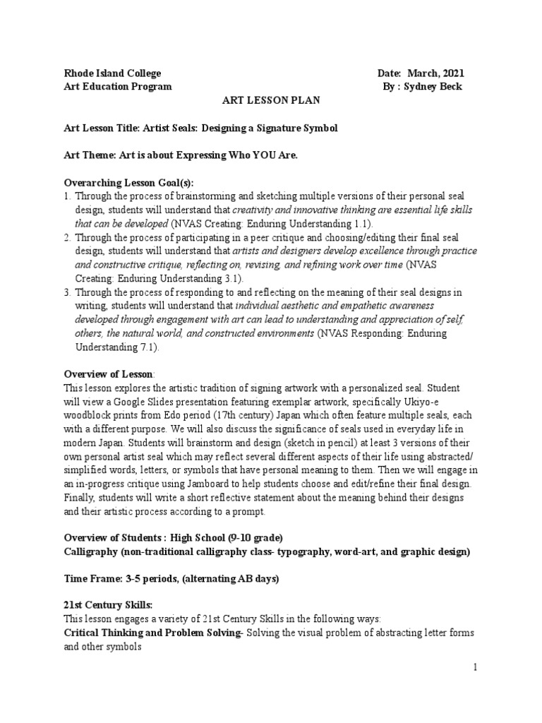 Art Lesson Plan: Designing Personal Seals | PDF | Brand | T Shirt