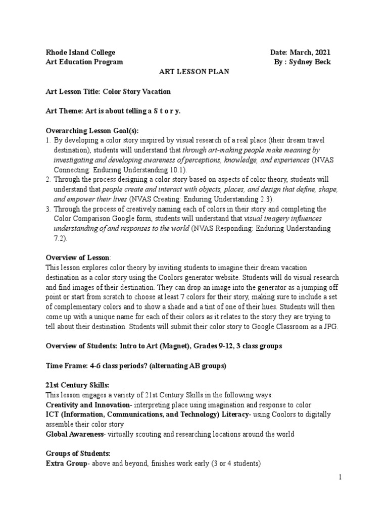 Color Story Vacation Art Lesson Plan | PDF | Color | Paintings