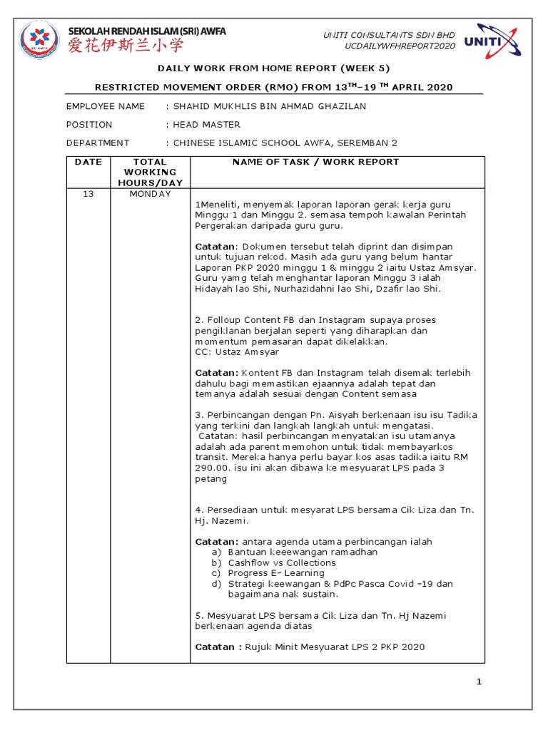 Sri Awfa Daily Work From Home Report Week 5. | PDF