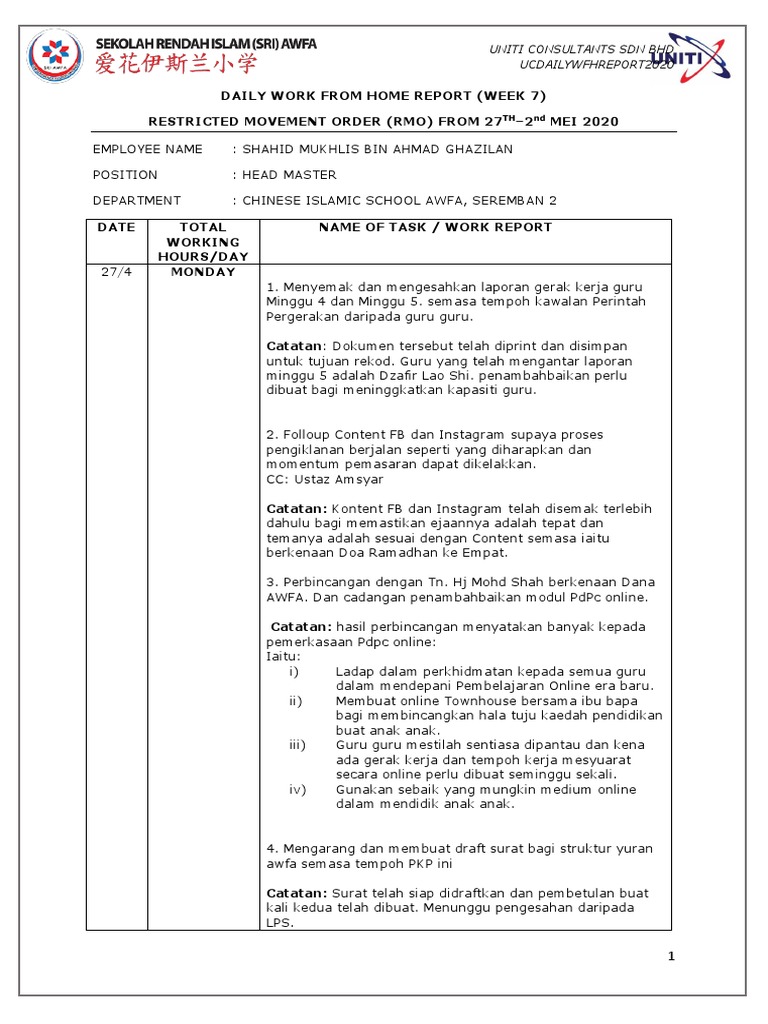 Sri Awfa Daily Work From Home Report Week 7 | PDF