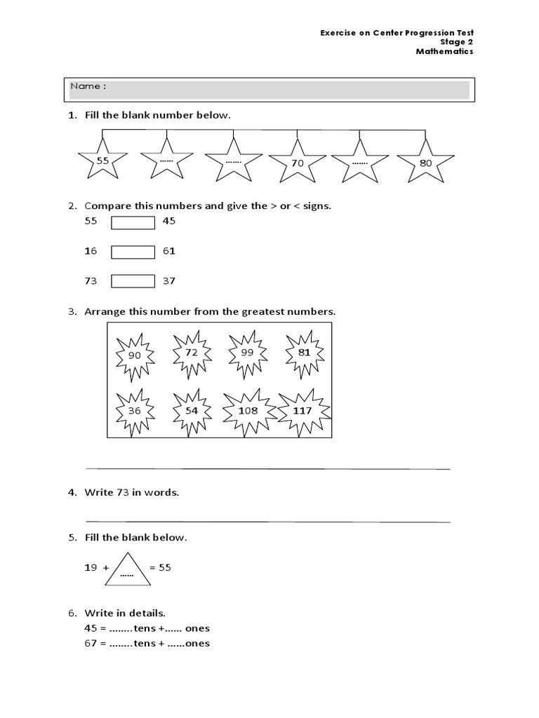 Name:: Exercise On Center Progression Test Stage 2 Mathematics | PDF ...