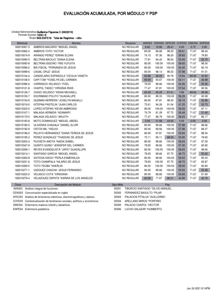 Evaluación Acumulada, Por Módulo Y PSP | PDF