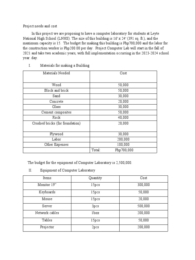 Project Needs and Cost | PDF