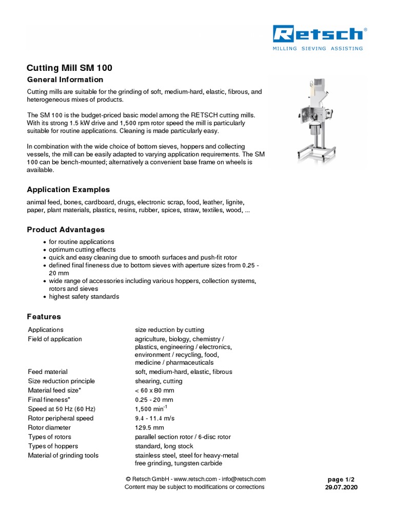 Cutting Mill SM 100: General Information | PDF | Mill (Grinding ...