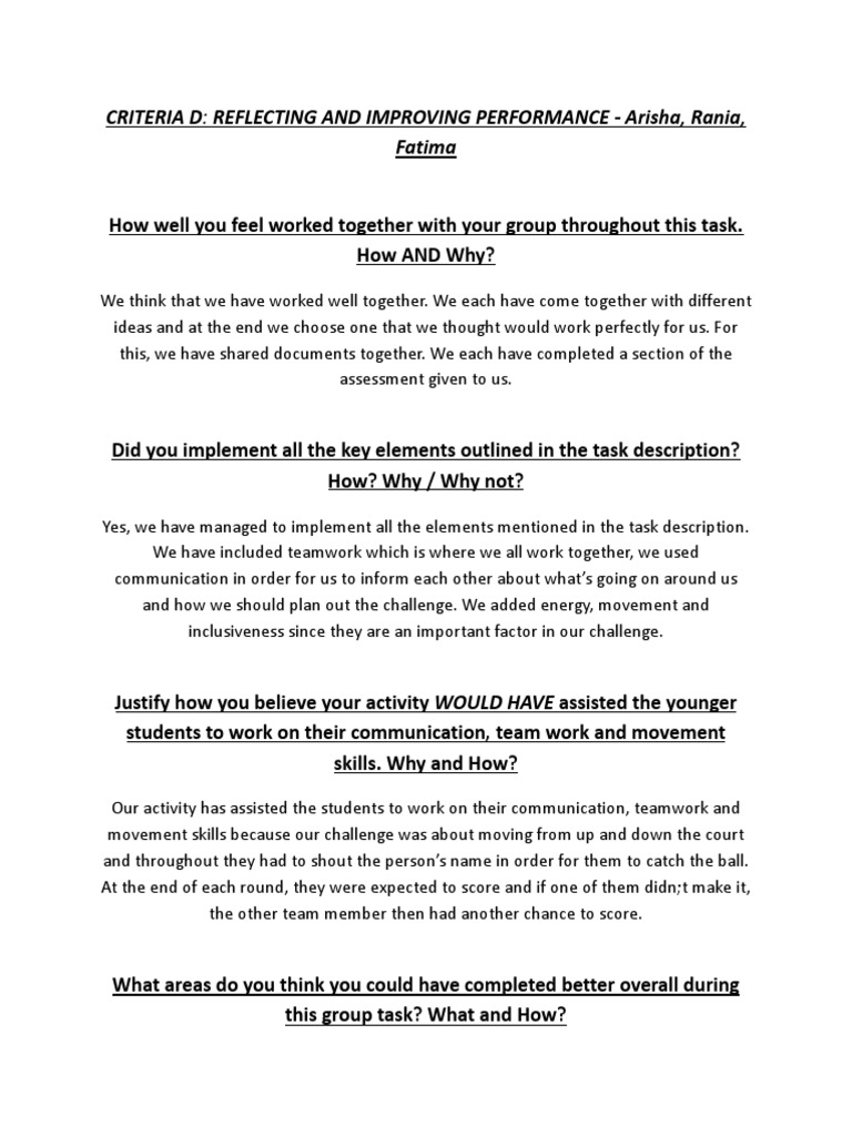 Criteria D Reflecting and Improving Performance - Arisha Rania Fatima ...