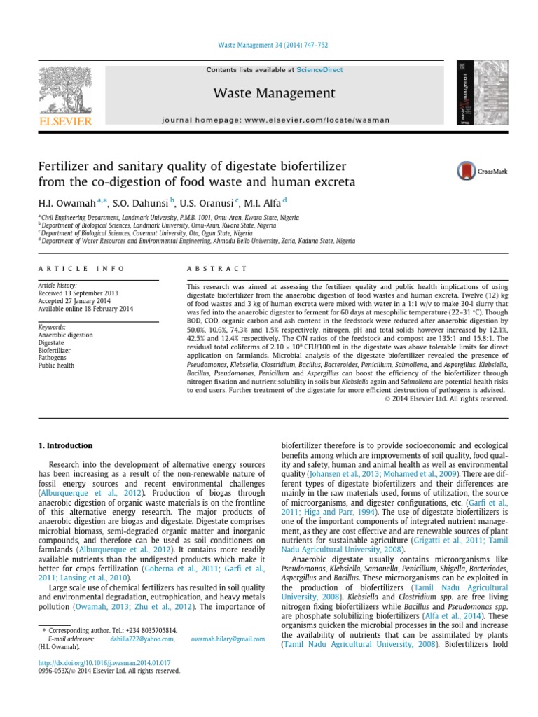 Fertilizer and Sanitary Quality of Digestate Biofertilizer From The Co ...