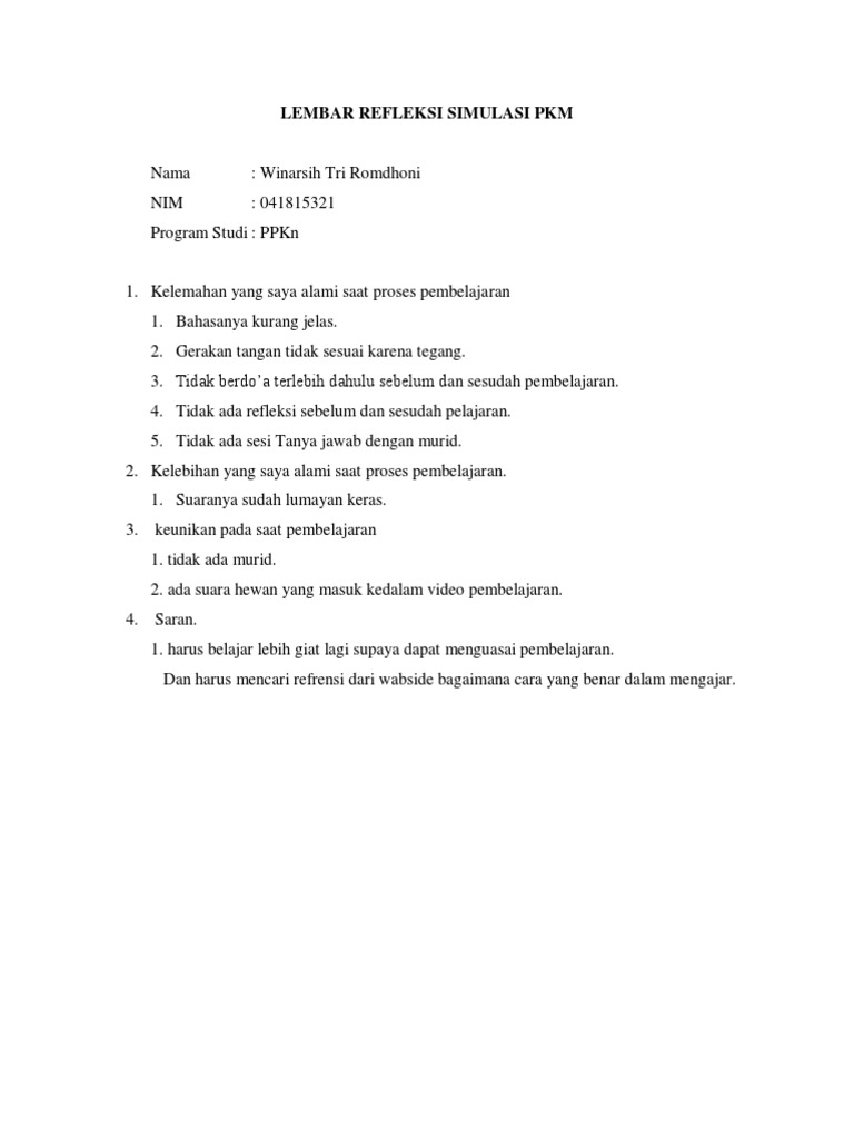 Lembar Refleksi Simulasi PKM 1 | PDF