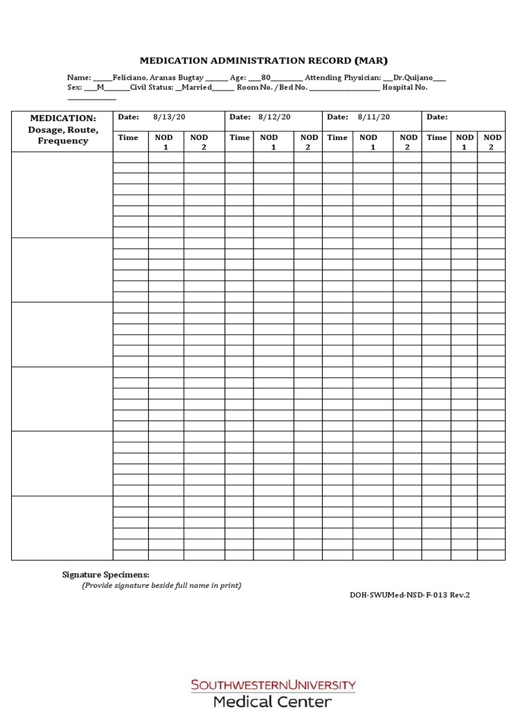 Medication Administration Record (Mar) : Medication: Dosage, Route ...