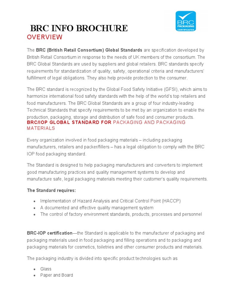 BRC Info Brochure: Brc/Iop Global Standard For Packaging and Packaging ...