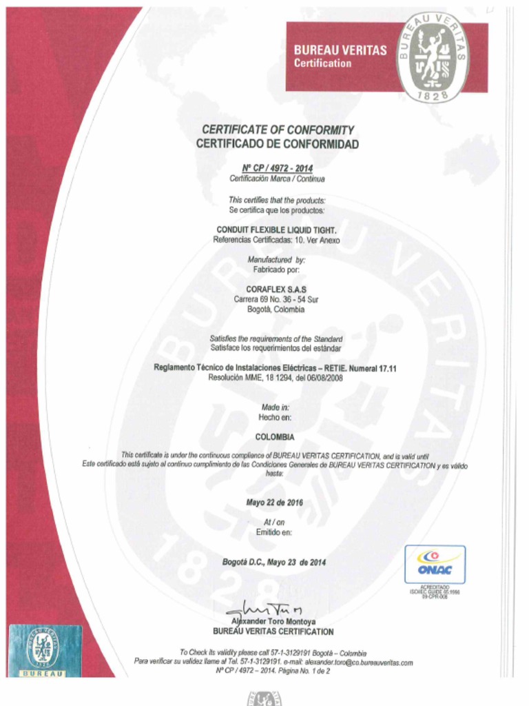 Certificado RETIE Coraflex | PDF