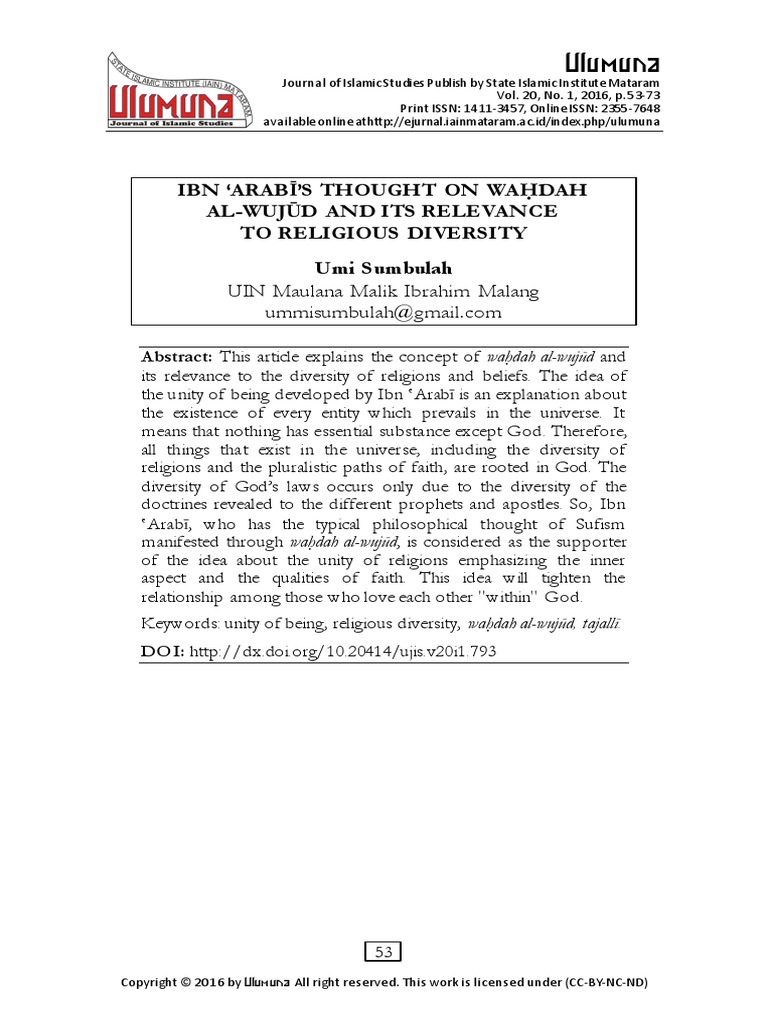 Ulumuna: Ibn Arabī'S Thought On Wa Dah Al-Wujĭd and Its Relevance To ...