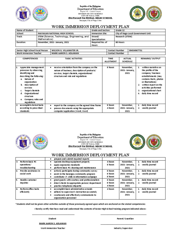 Work Immersion Plan for Naga City LGU | PDF | Science, Technology, Engineering, And Mathematics ...