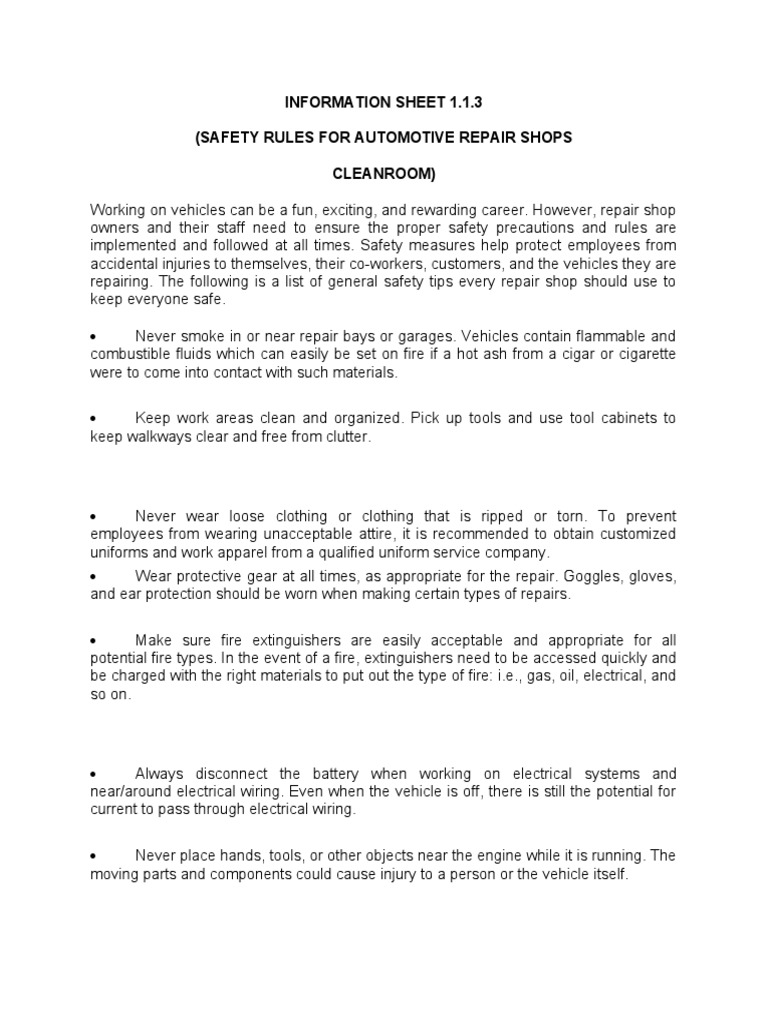 Auto Repair Shop Safety Guide | PDF | Clothing | Fires