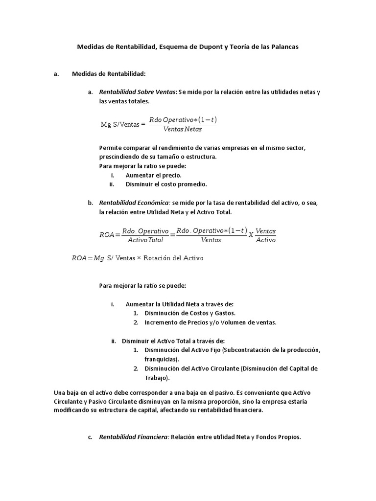 Medidas de Rentabilidad, Dupont, Palancas | PDF | Rentabilidad sobre recursos propios | Capital ...