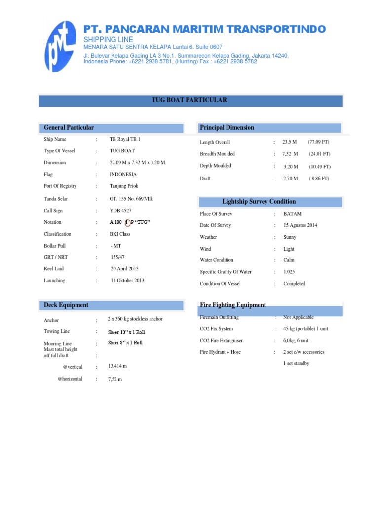 Ship Particular Tb. Royal TB 1 | PDF | Engines | Water Transport