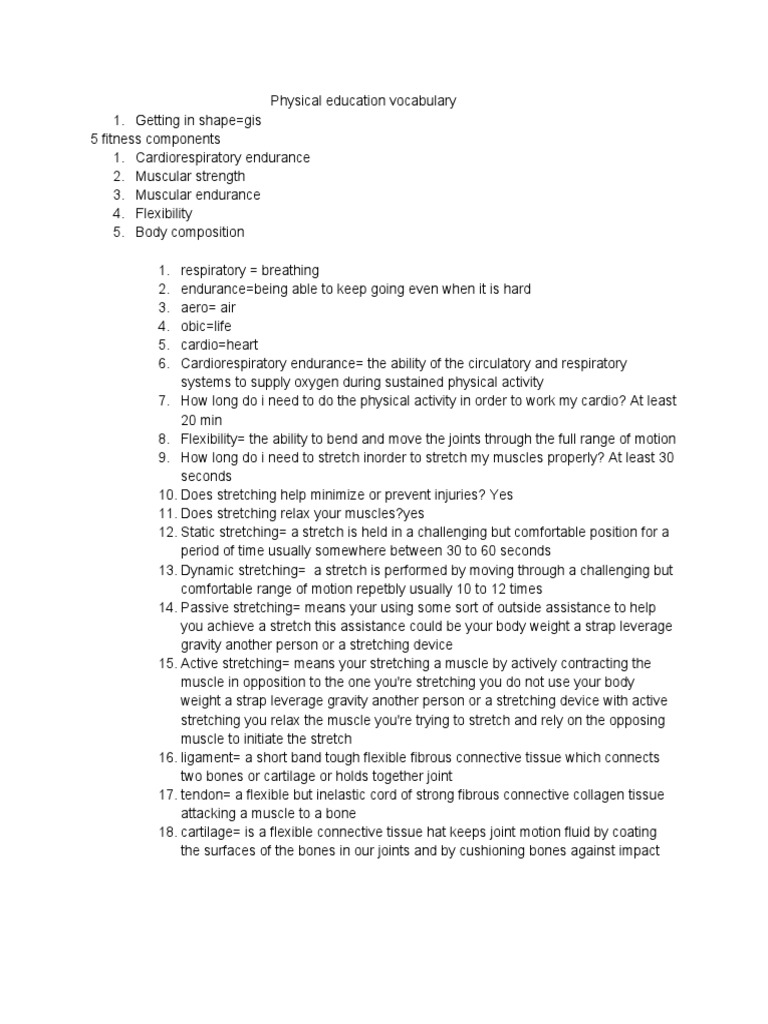 Physical Education Vocabulary | PDF | Musculoskeletal System | Anatomy