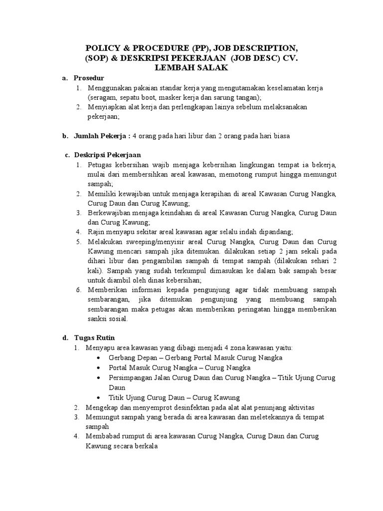 Standard Operating Procedure CV. LEMBAH SALAK-update | PDF