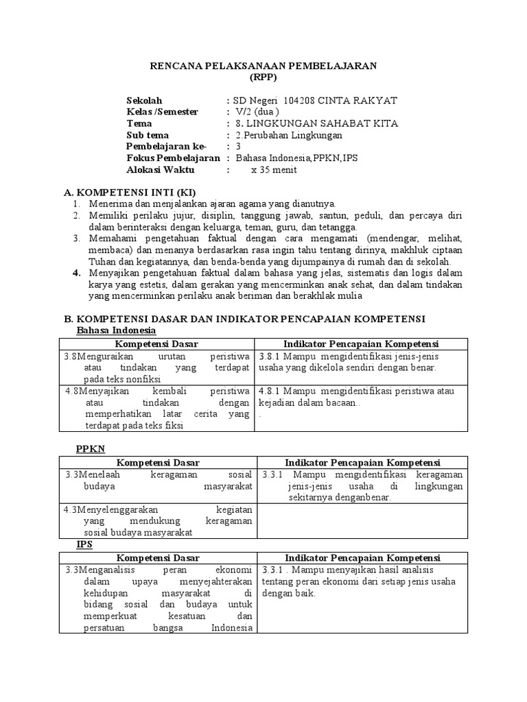 RPP KLS 5 Tema 8 Sub 2 PB 3 | PDF