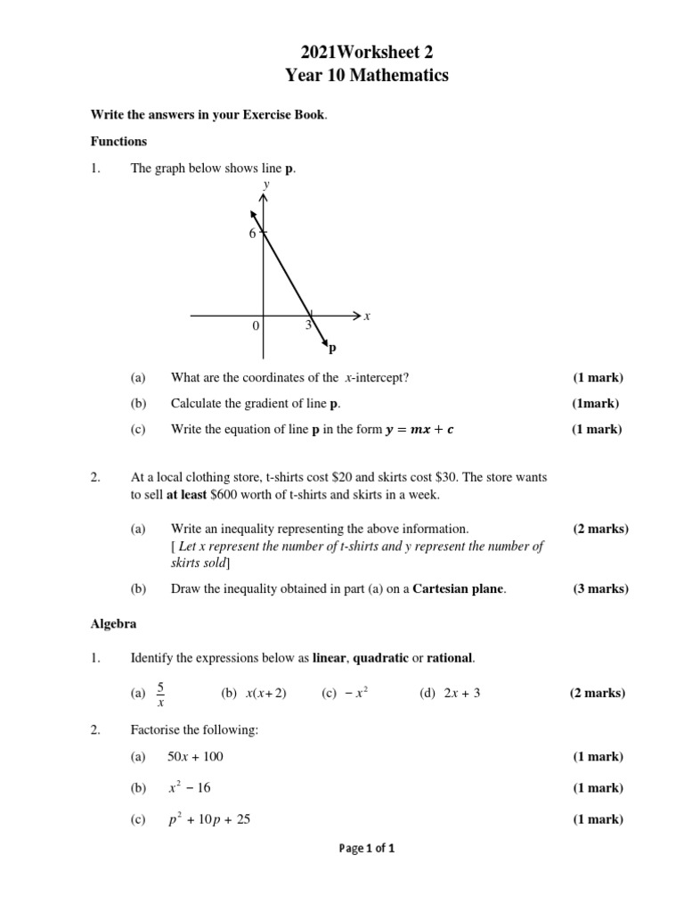 Year 10 Math Functions and Algebra Worksheet | PDF
