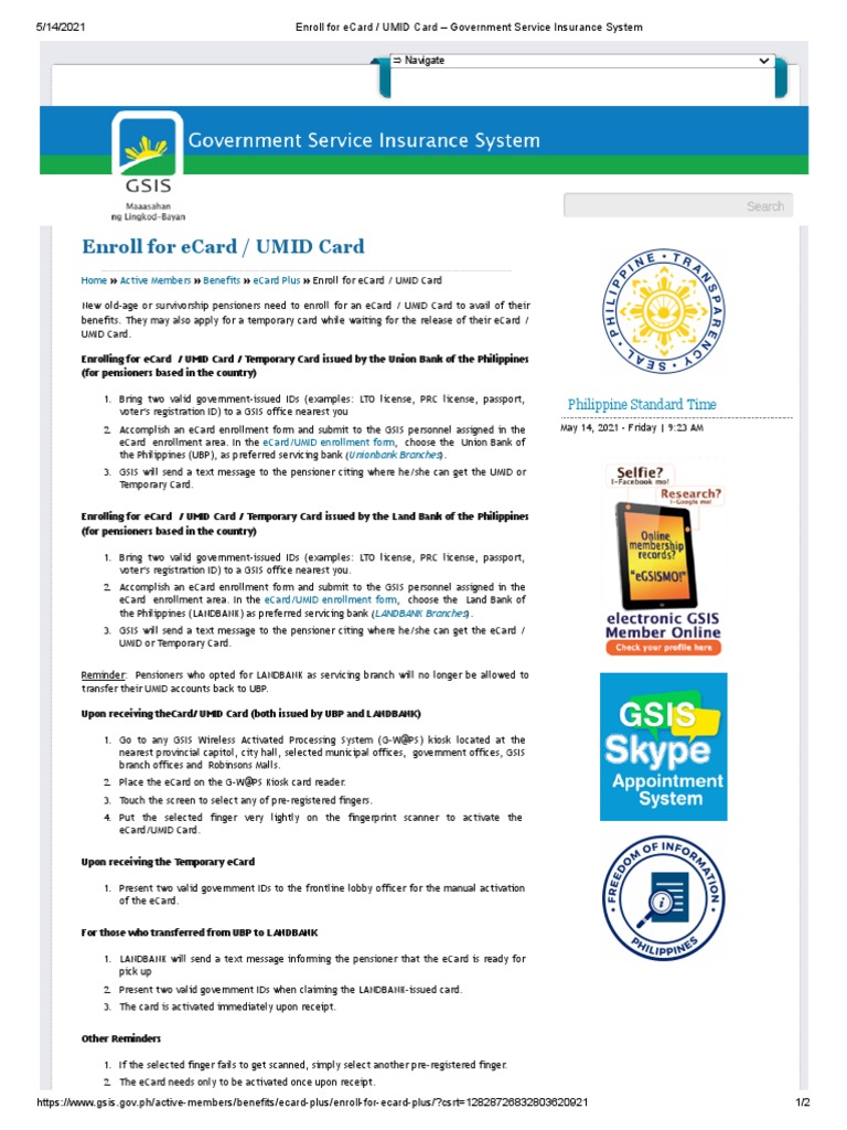 Enroll For Ecard - UMID Card - Government Service Insurance System ...