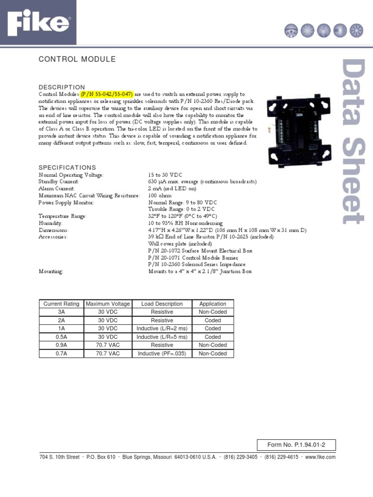 Datasheet Fike Control Module 55-042 | PDF | Power Supply | Resistor