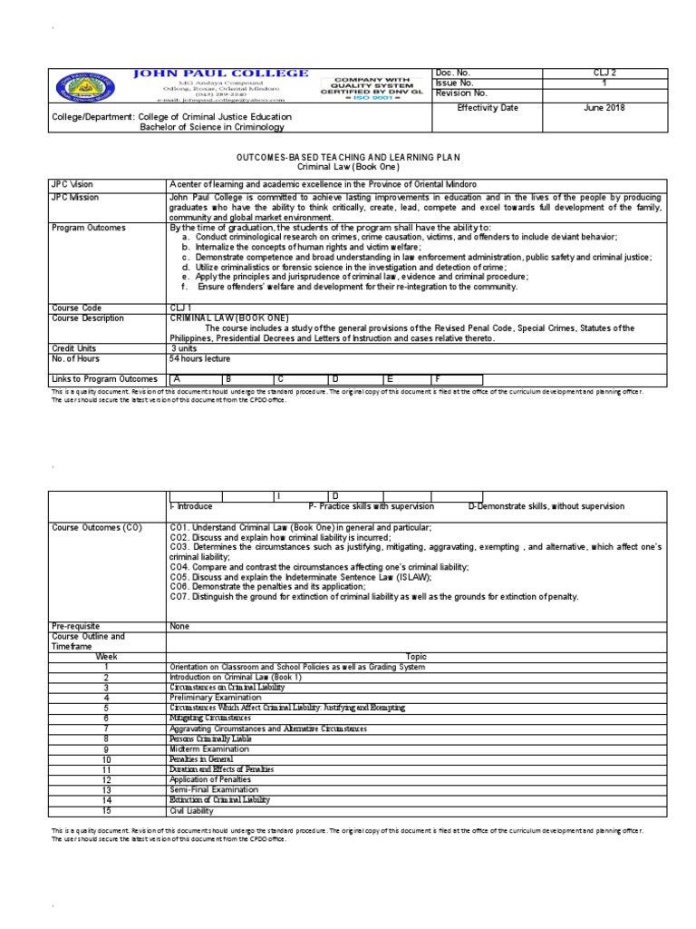 Criminal Law Teaching Plan Overview | PDF | Forensic Science | Crime ...