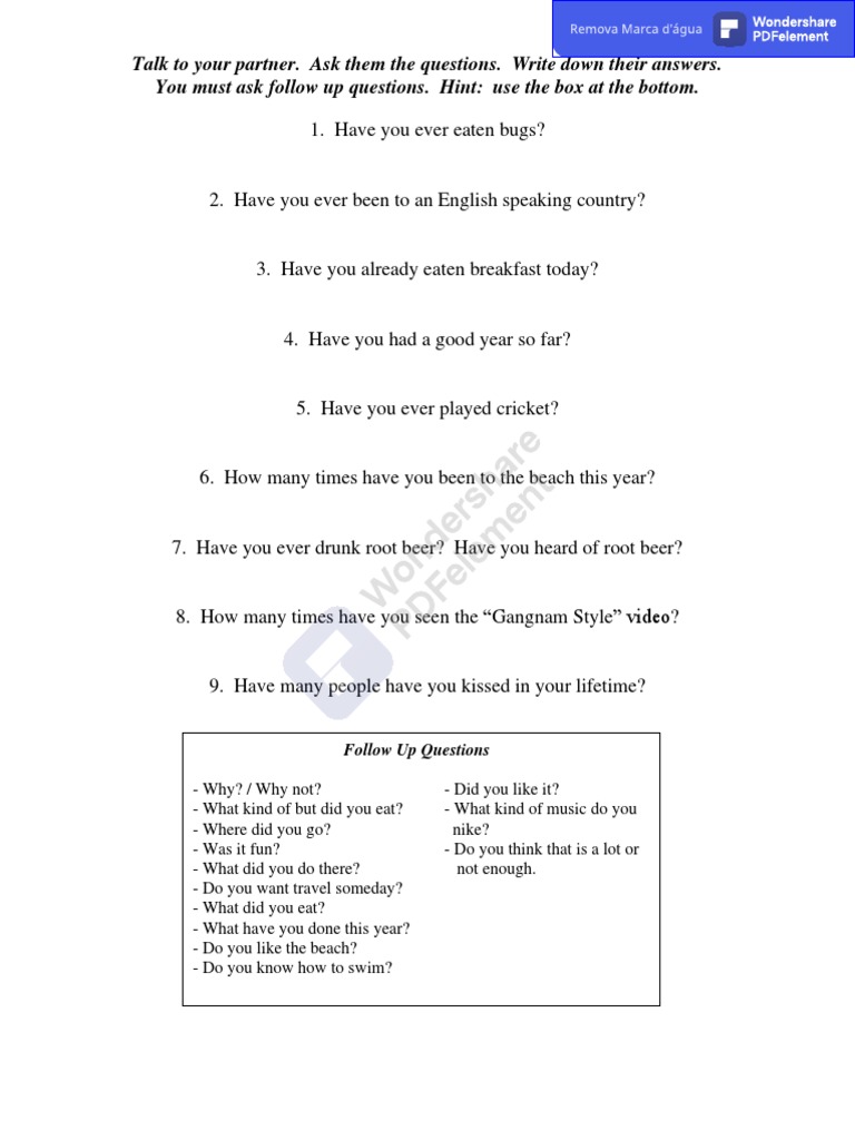 Talk To Your Partner. Ask Them The Questions. Write Down Their Answers ...